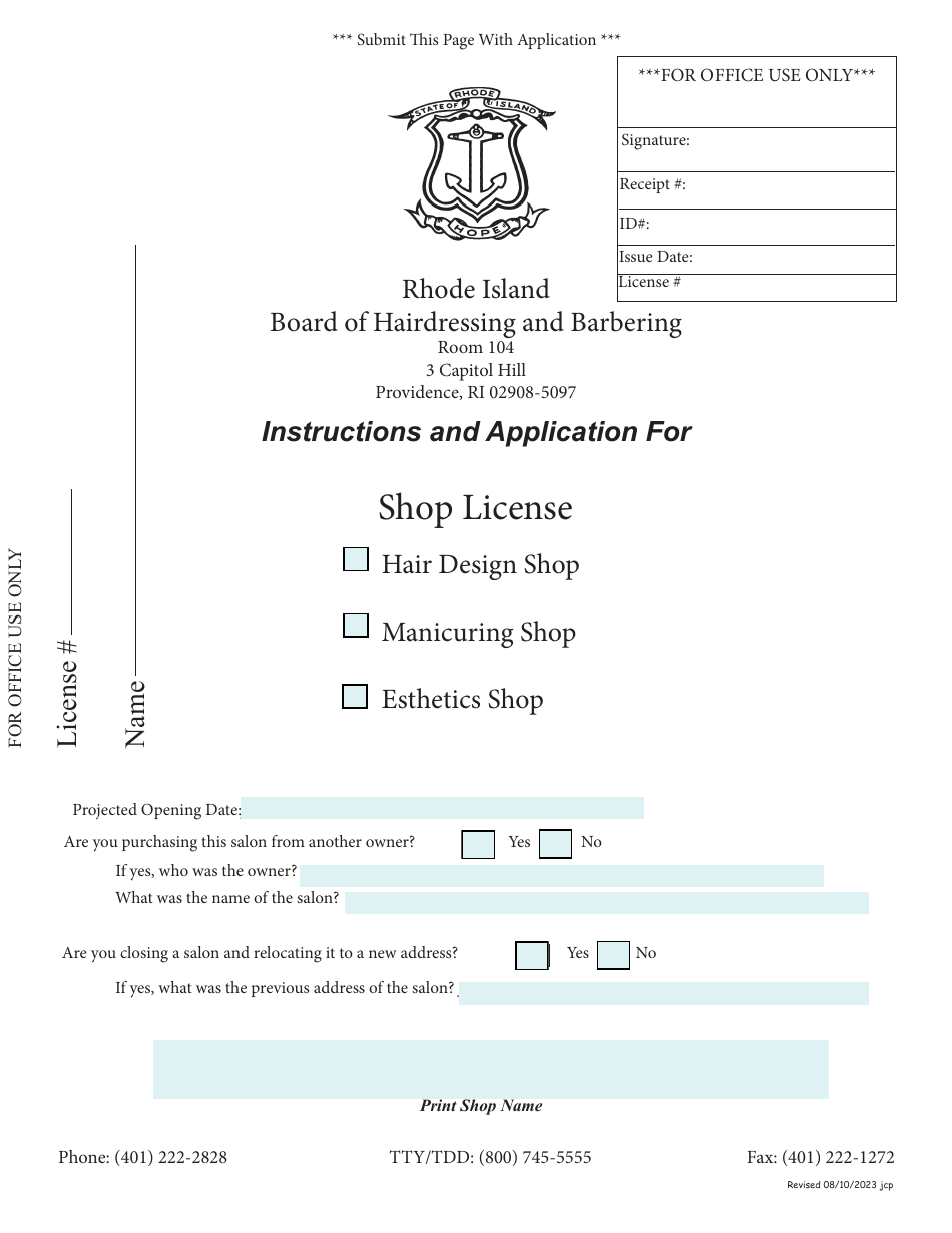 Rhode Island Application for Shop License Download Fillable PDF 2019 ...