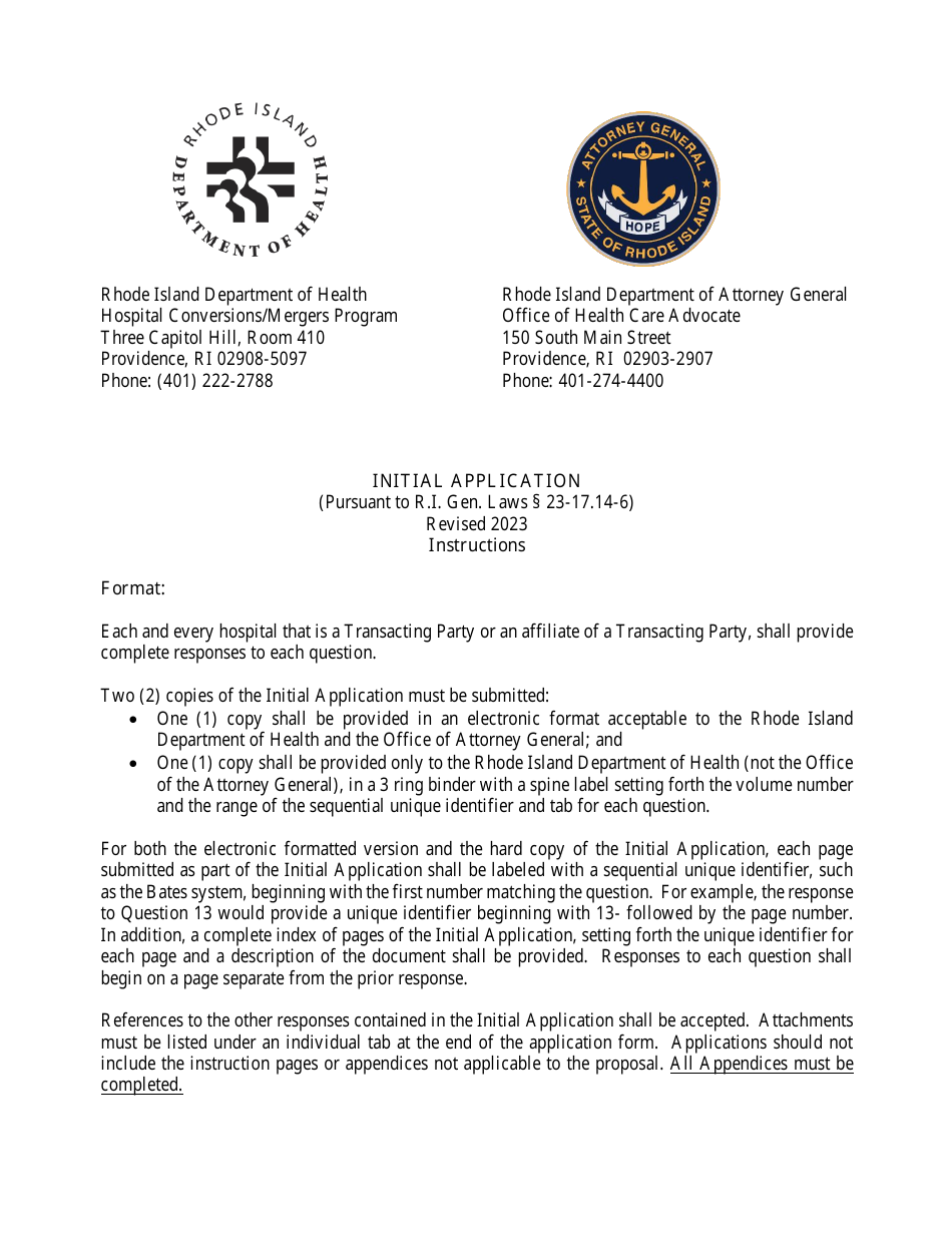 Rhode Island Hospital Conversion or Merger Initial Application - Fill Out, Sign Online and ...