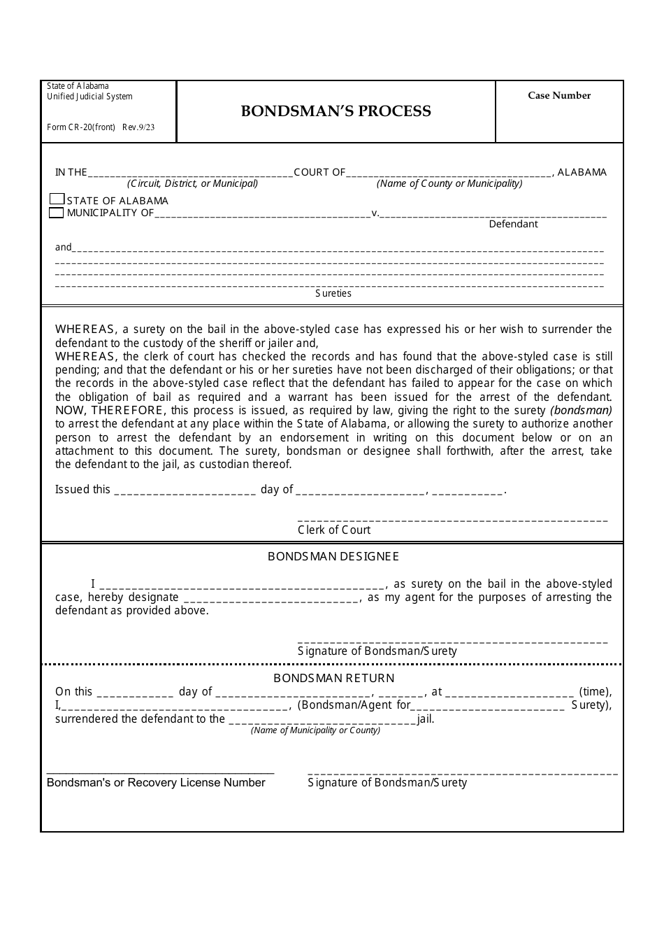 Form CR-20 Download Fillable PDF or Fill Online Bondsman's Process ...