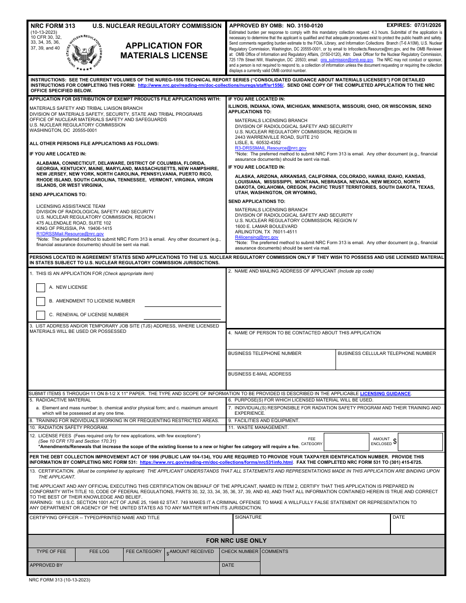 NRC Form 313 Download Fillable PDF or Fill Online Application for ...