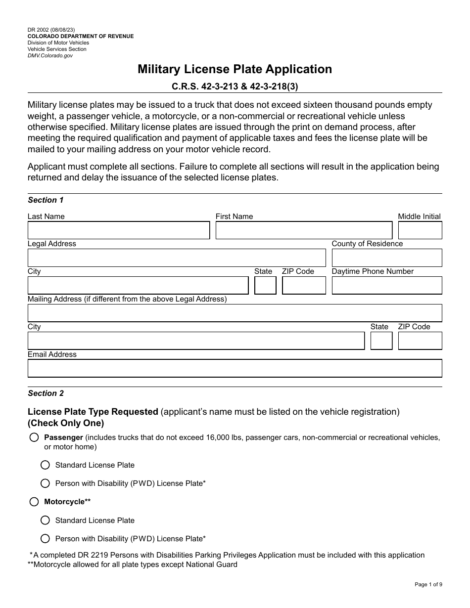 Form DR2002 Download Fillable PDF or Fill Online Military License Plate ...