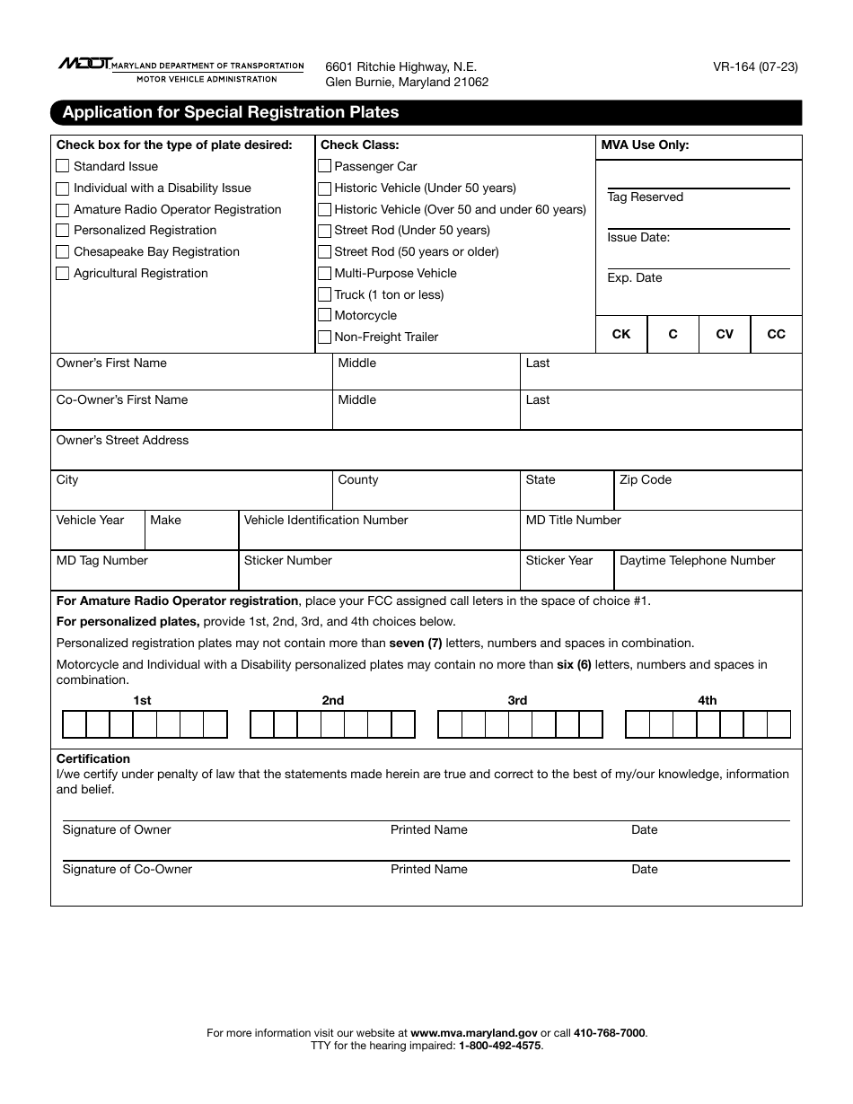Form VR-164 - Fill Out, Sign Online and Download Fillable PDF, Maryland ...