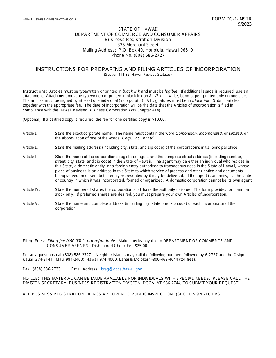 Download Instructions for Form DC-1 Articles of Incorporation PDF ...