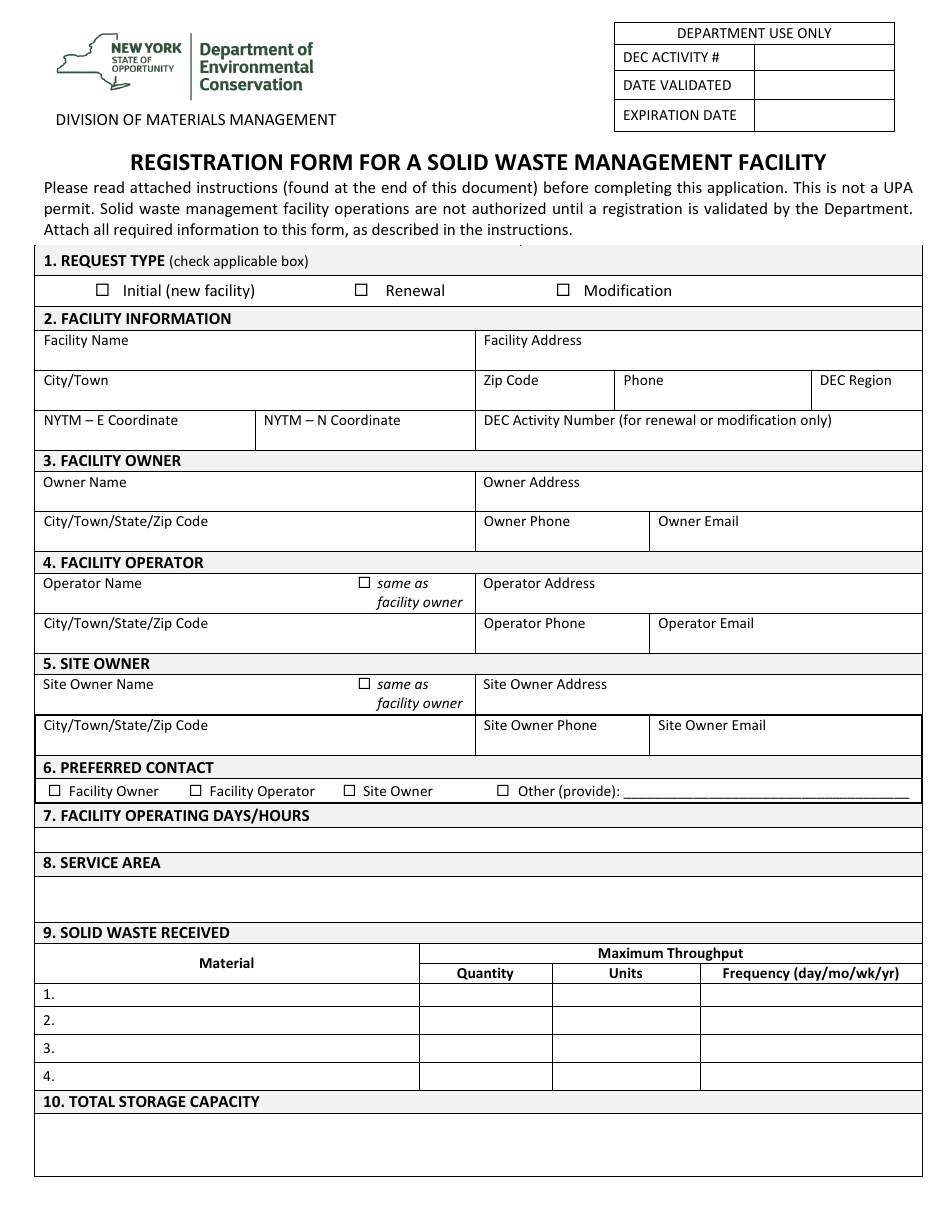 New York Registration Form for a Solid Waste Management Facility - Fill ...
