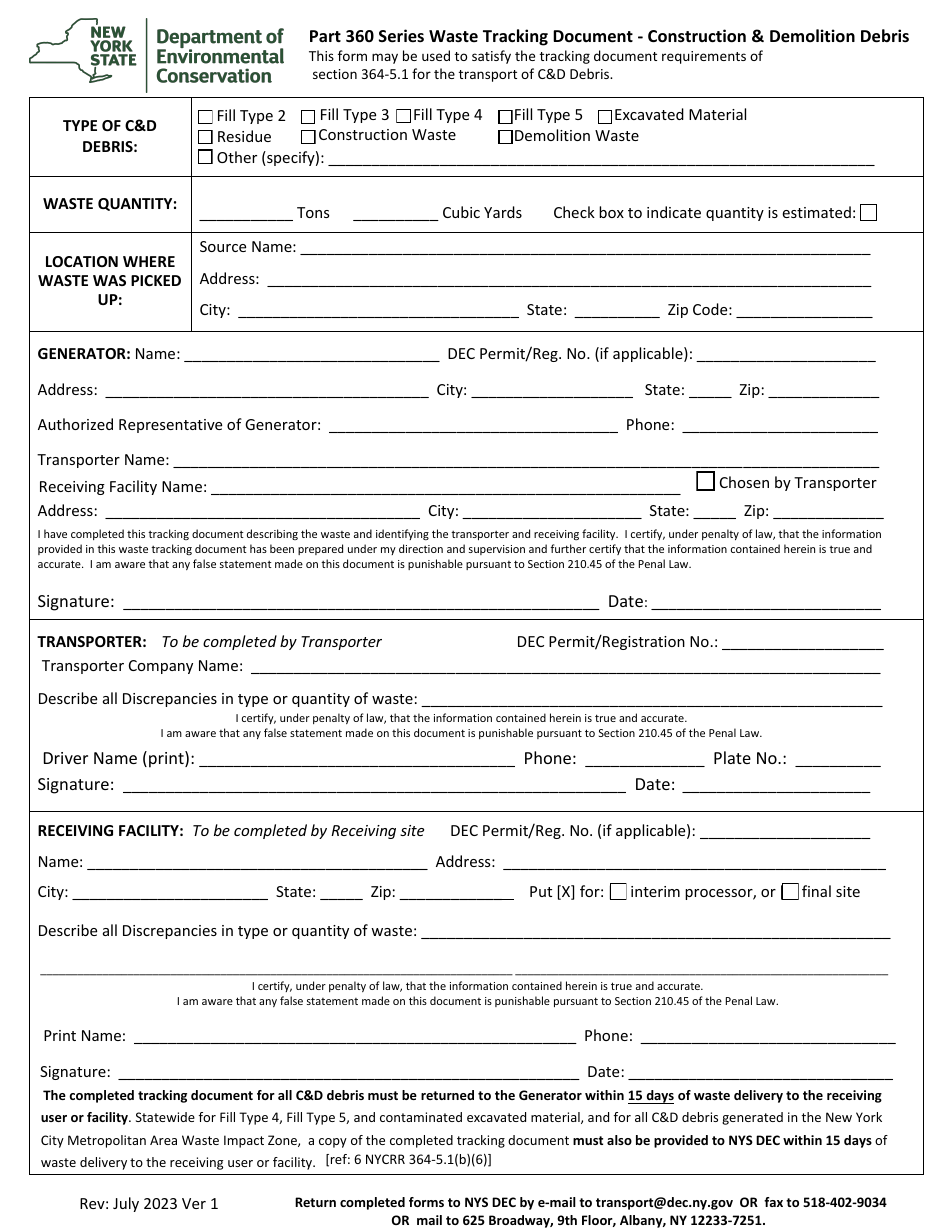 New York Part 360 Series Waste Tracking Document - Construction ...