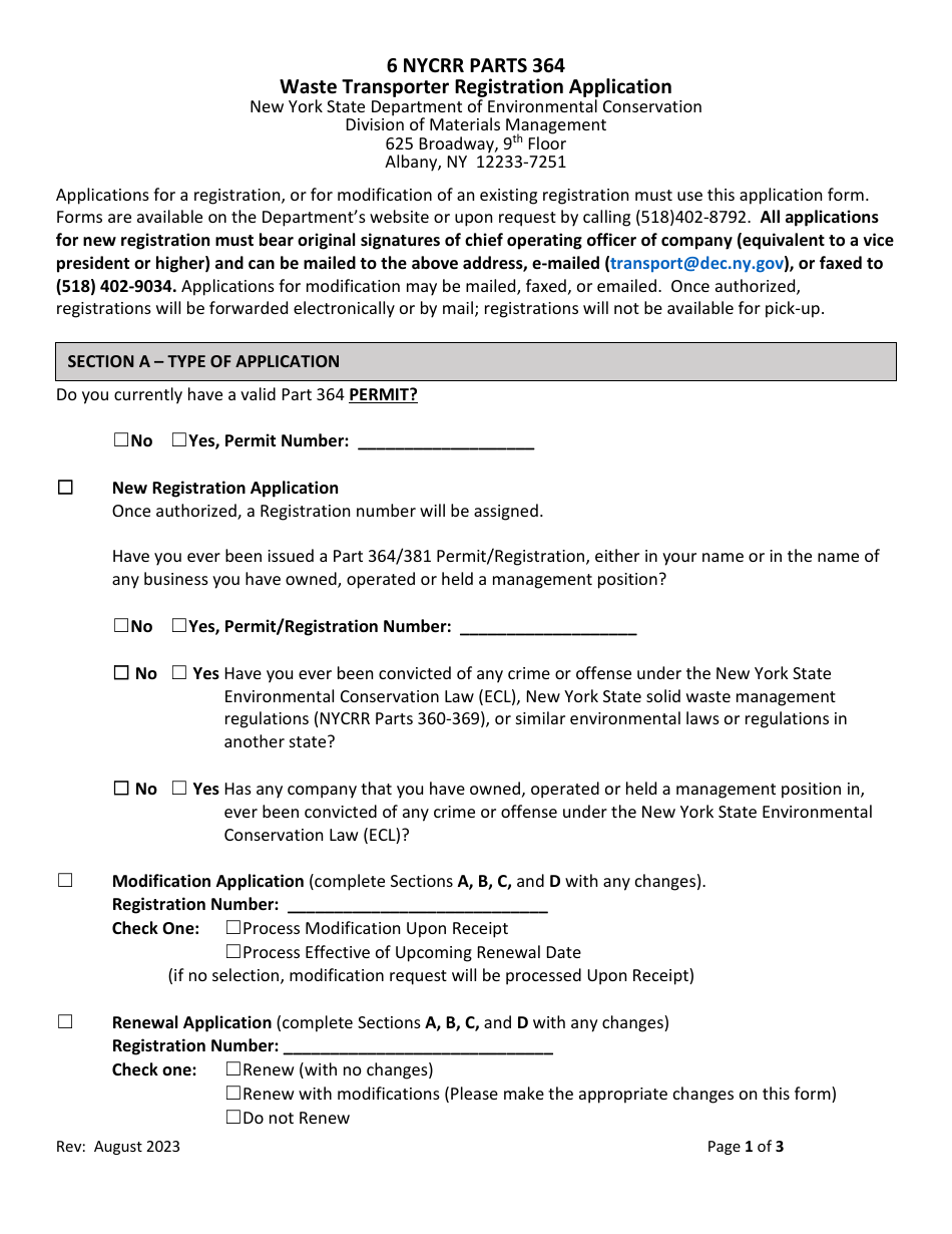 New York 6 Nycrr Parts 364 Waste Transporter Registration Application ...