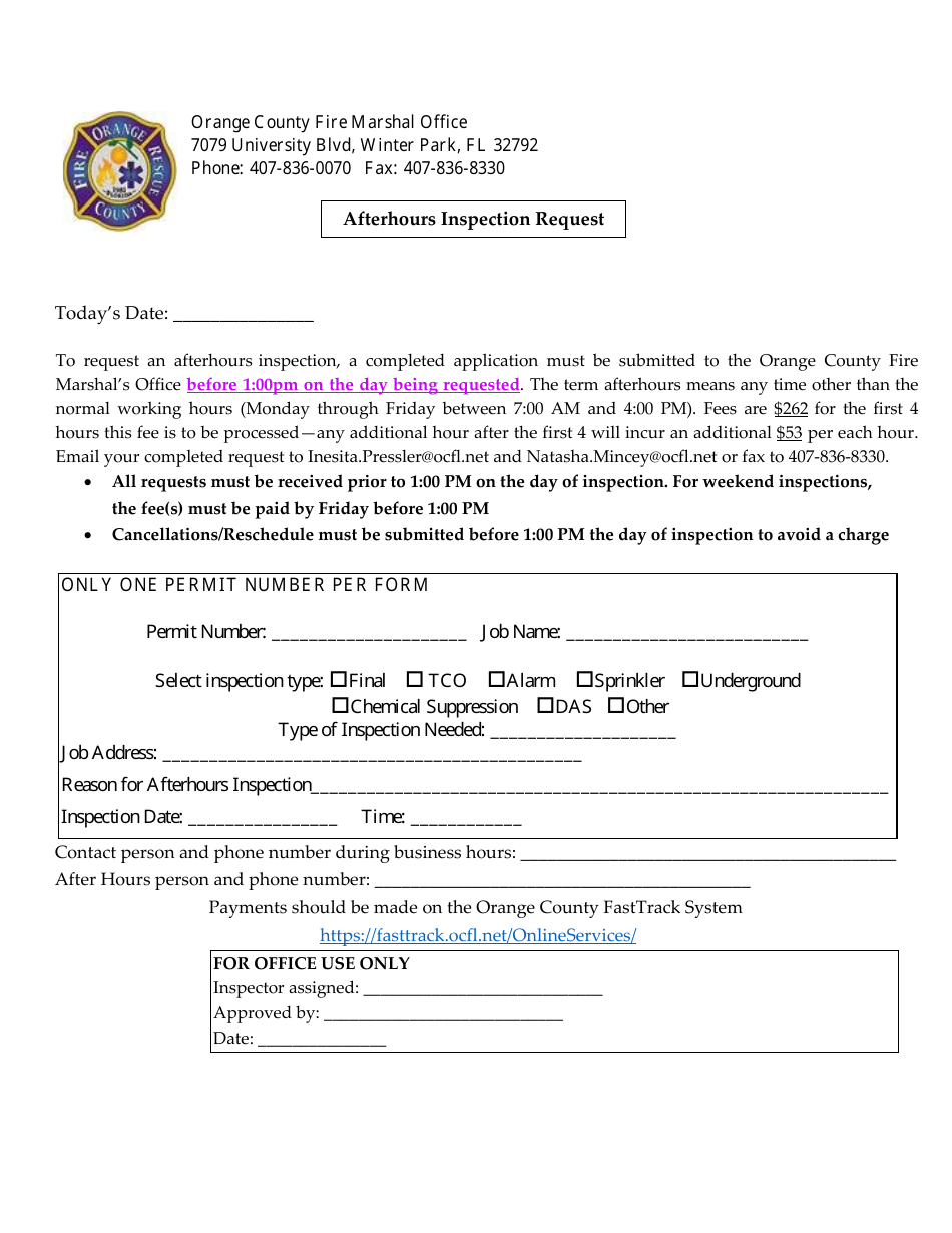 Orange County, Florida Afterhours Inspection Request - Fill Out, Sign ...