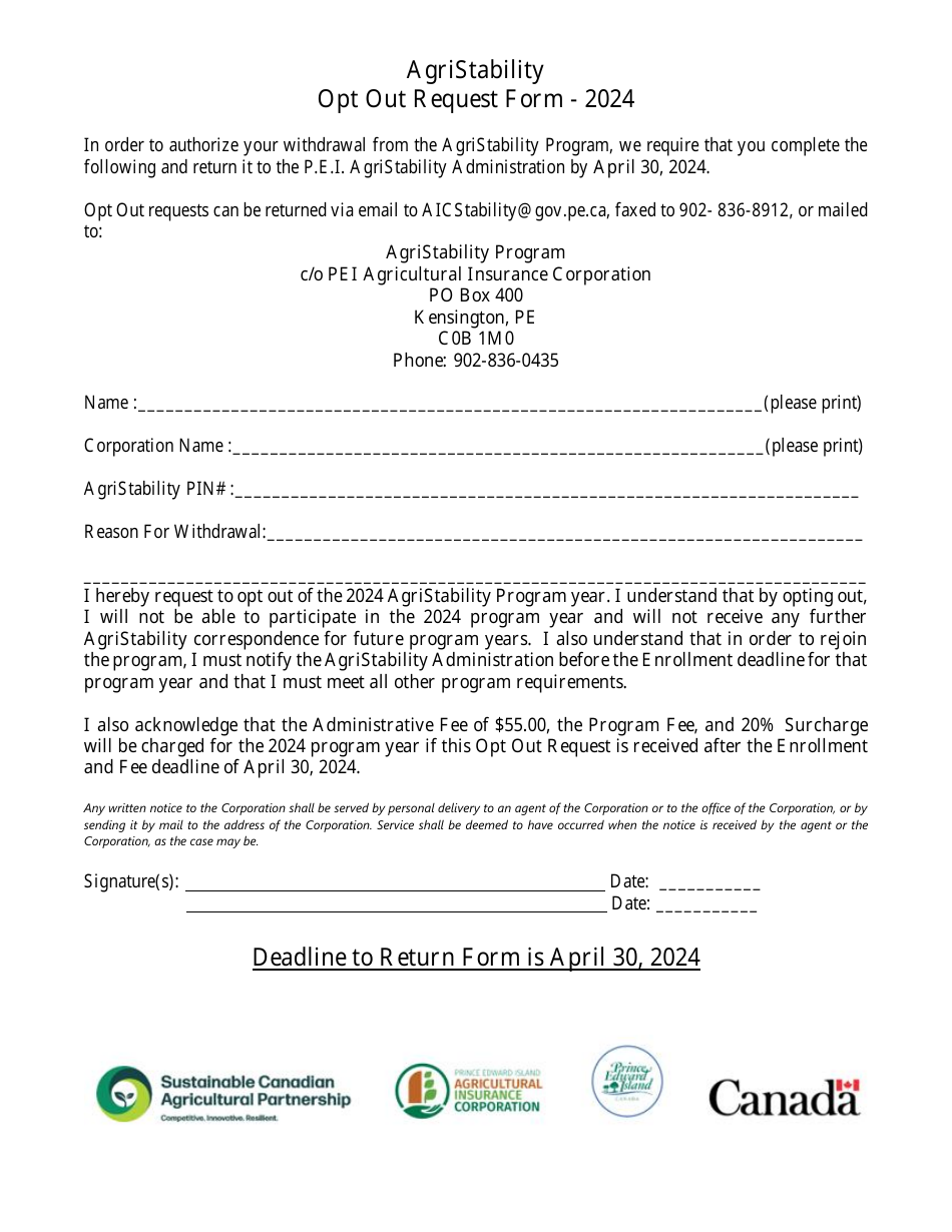 2024 Prince Edward Island Canada Opt out Request Form - Pei Agristability Program - Fill Out ...