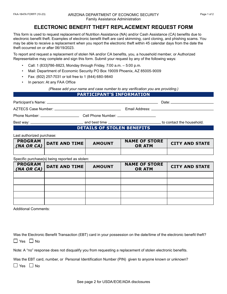 Form 1847A - Fill Out, Sign Online and Download Fillable PDF, Arizona ...