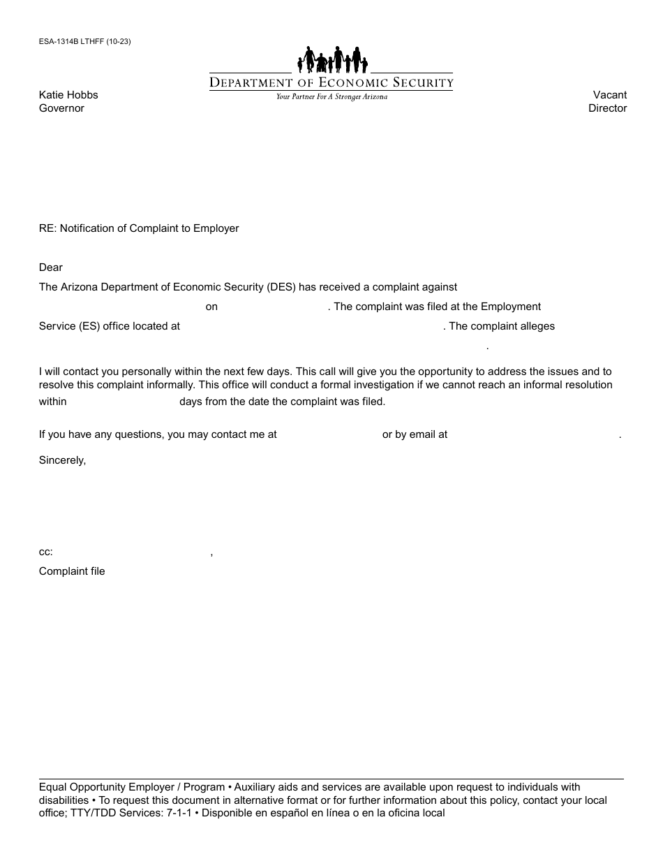 Form ESA-1314B Download Fillable PDF or Fill Online Notification of ...