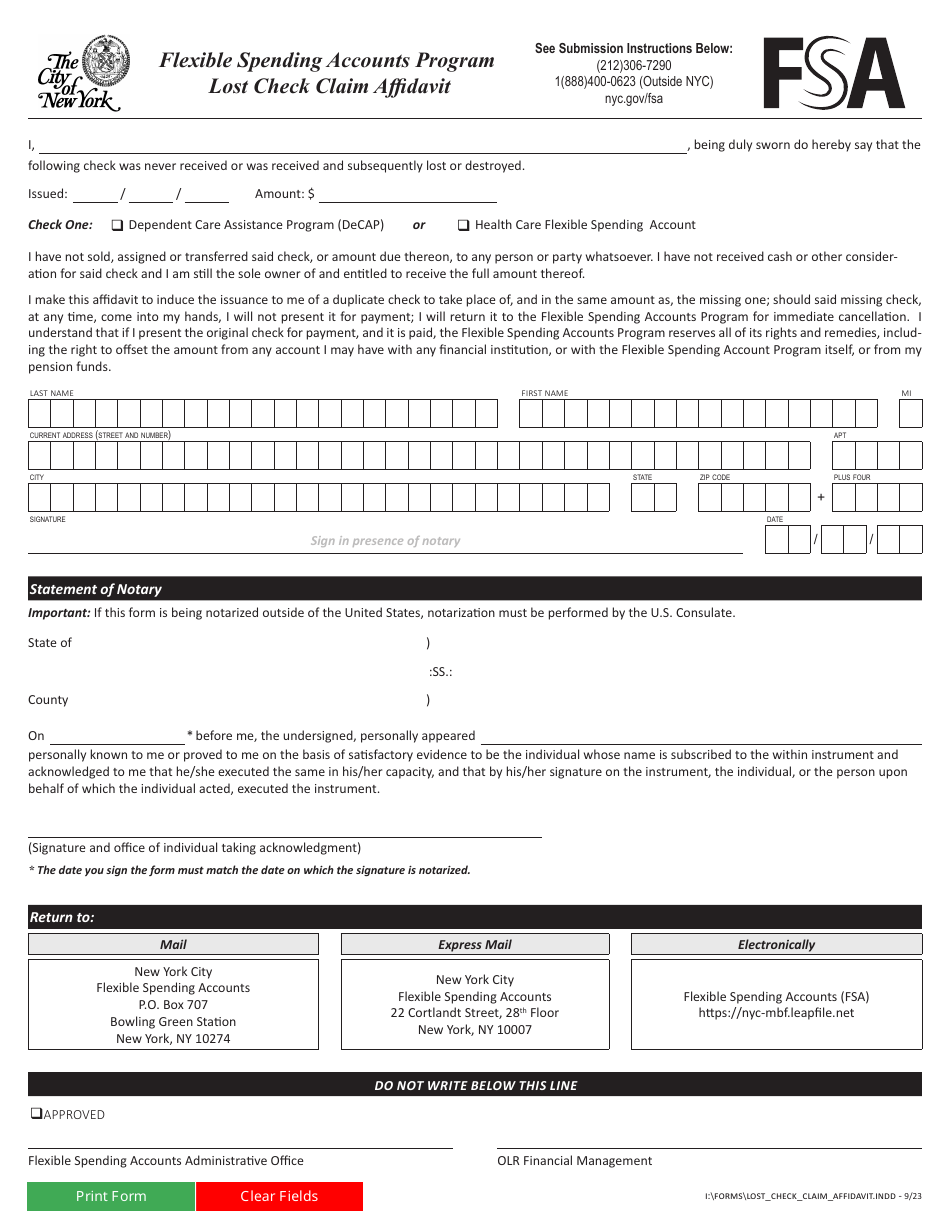 New York Lost Check Claim Affidavit - Flexible Spending Accounts ...