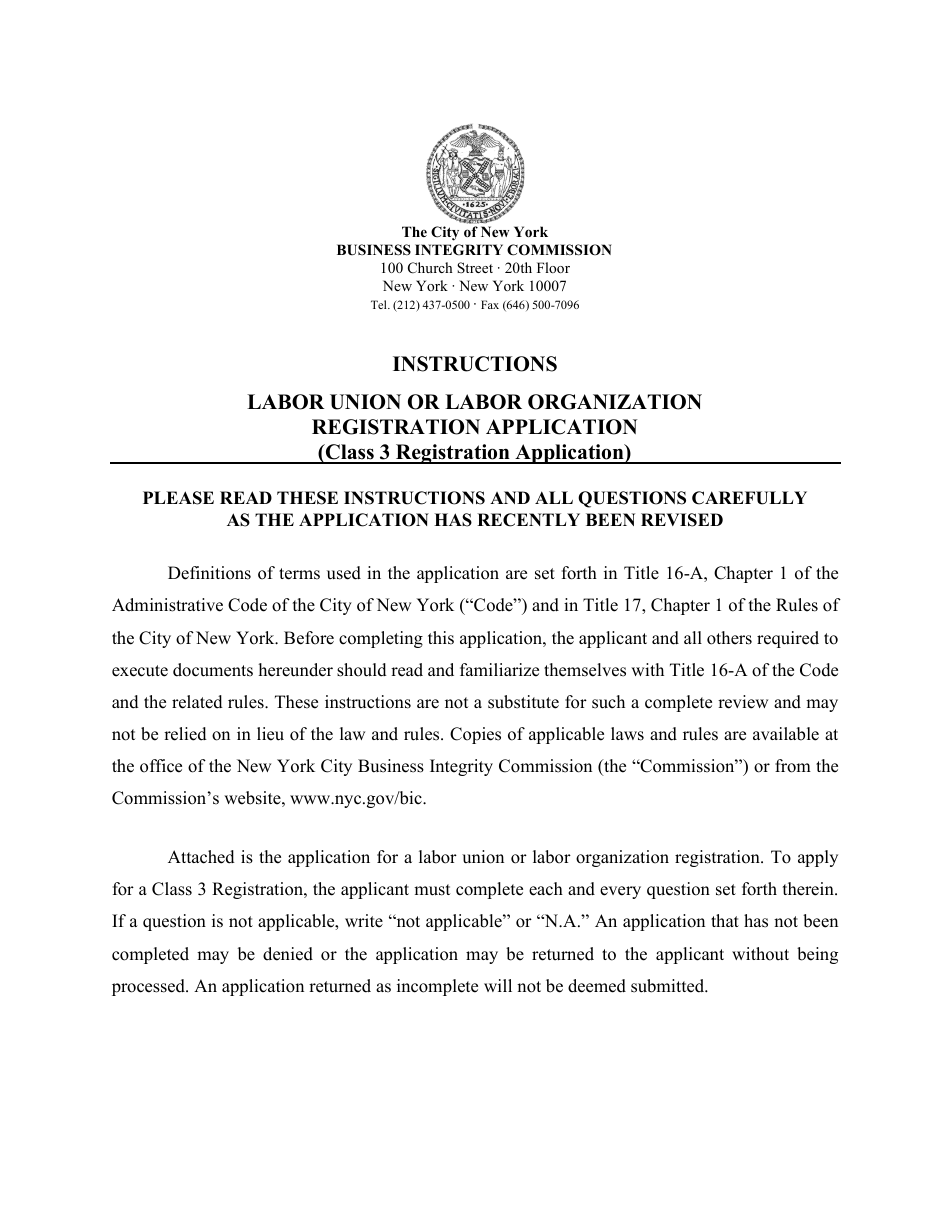 New York City Class 3 Labor Union or Labor Organization Registration ...