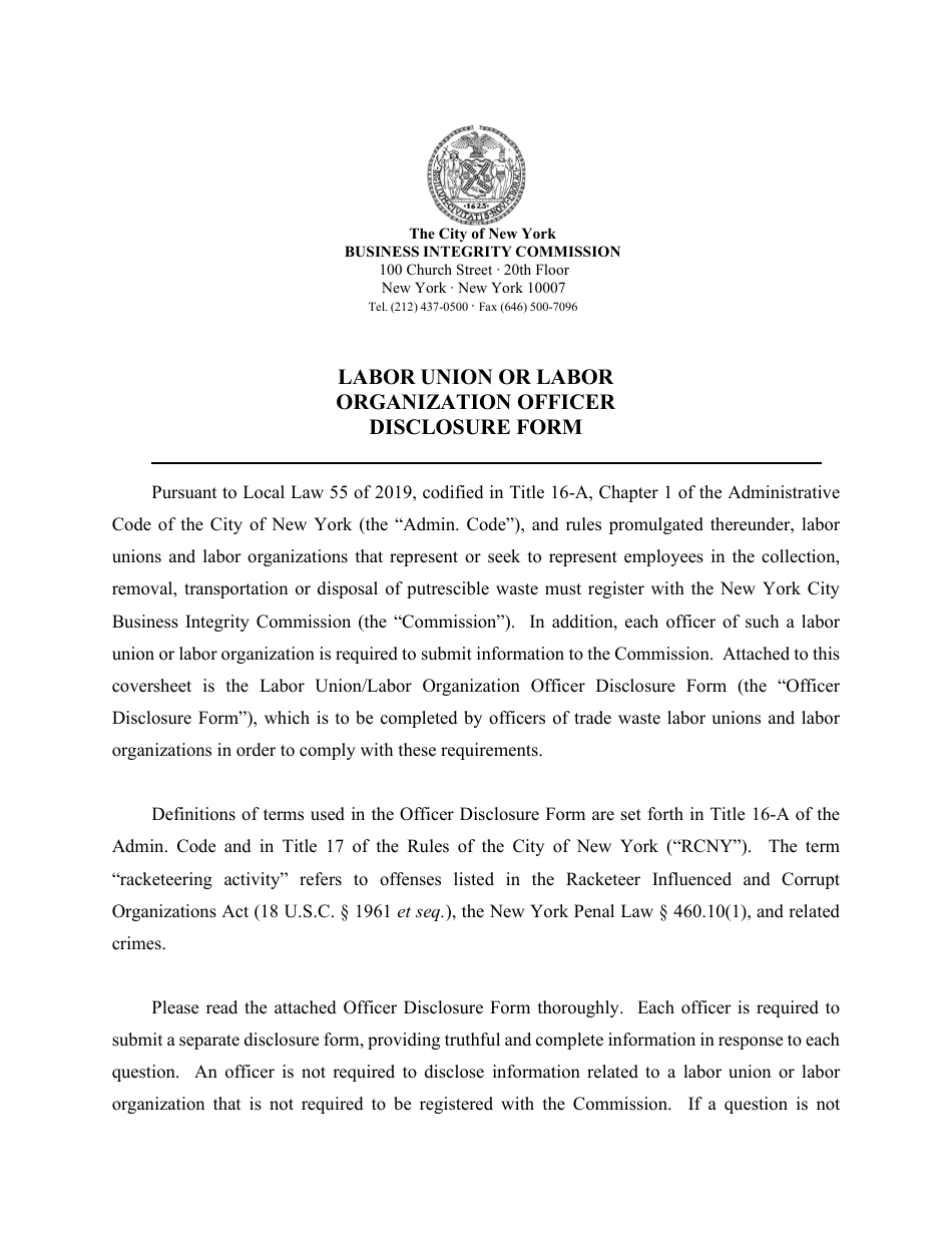 New York City Labor Union/Labor Organization Officer Disclosure - Fill ...