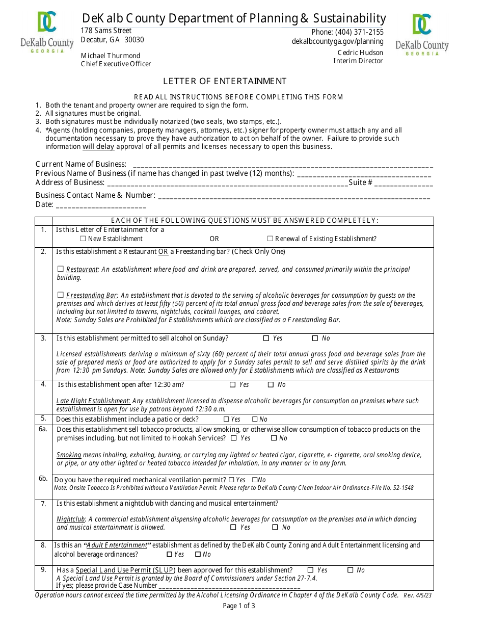DeKalb County, Georgia (United States) Letter of Entertainment - Fill ...