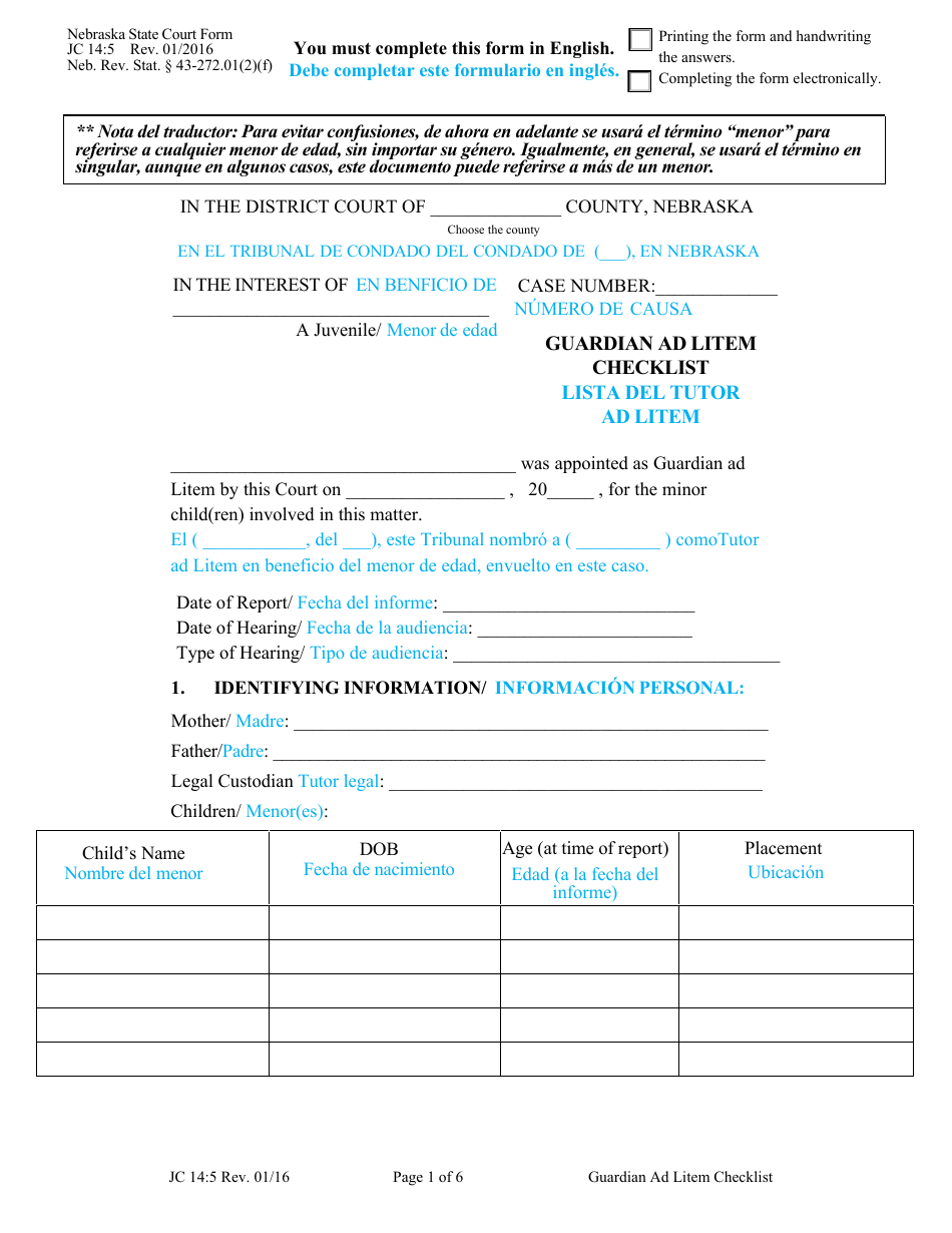 Form JC14:5 - Fill Out, Sign Online and Download Fillable PDF, Nebraska ...