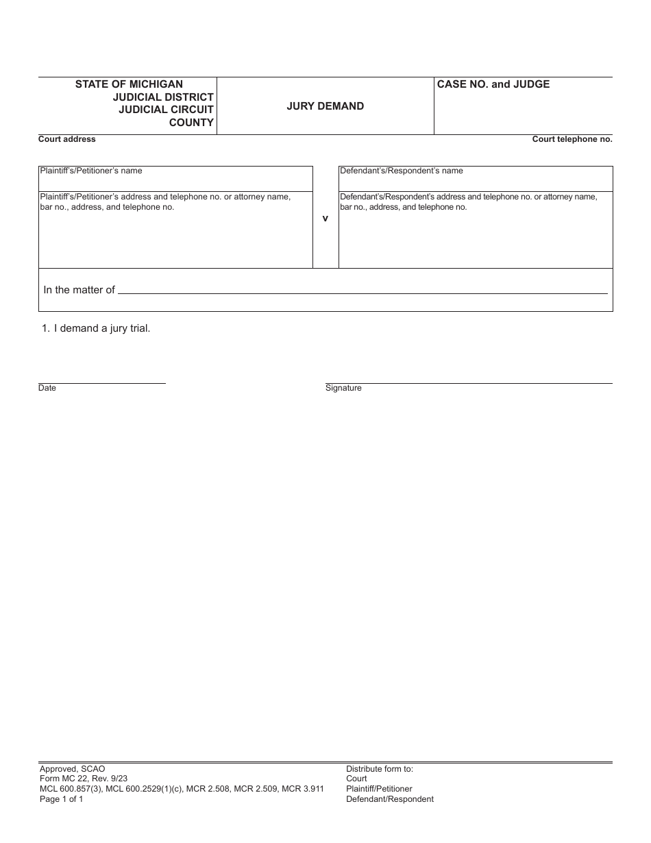 Form MC22 Download Fillable PDF or Fill Online Jury Demand, Michigan ...