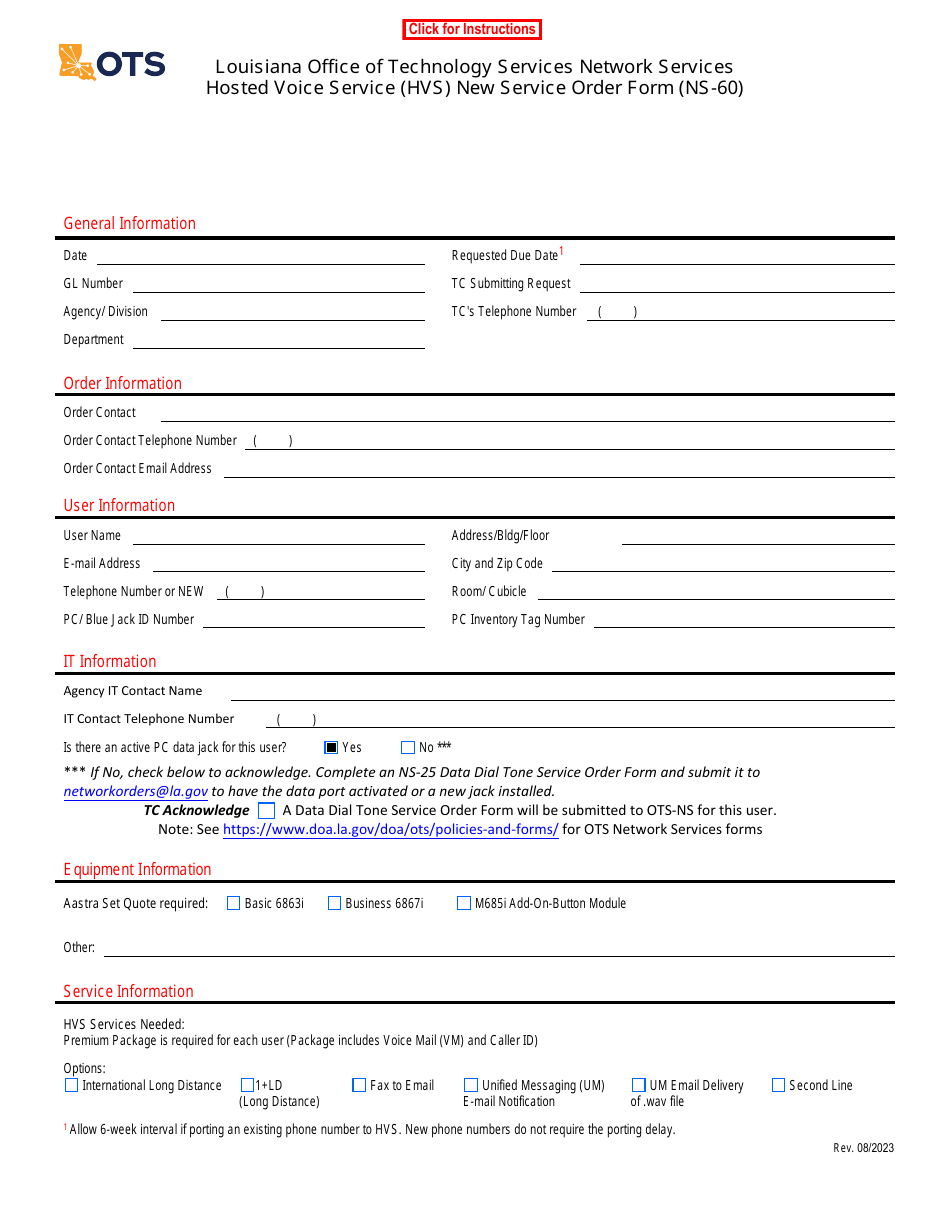 Form NS-60 Download Fillable PDF or Fill Online Hosted Voice Service (Hvs) New Service Order ...