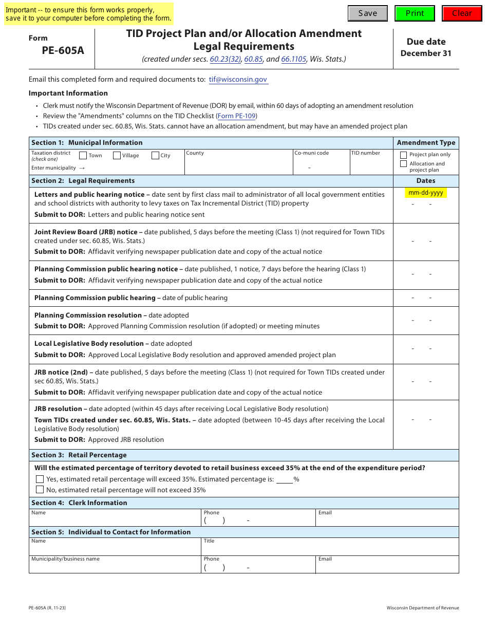 Form PE-605A Download Fillable PDF or Fill Online Tid Project Plan and ...