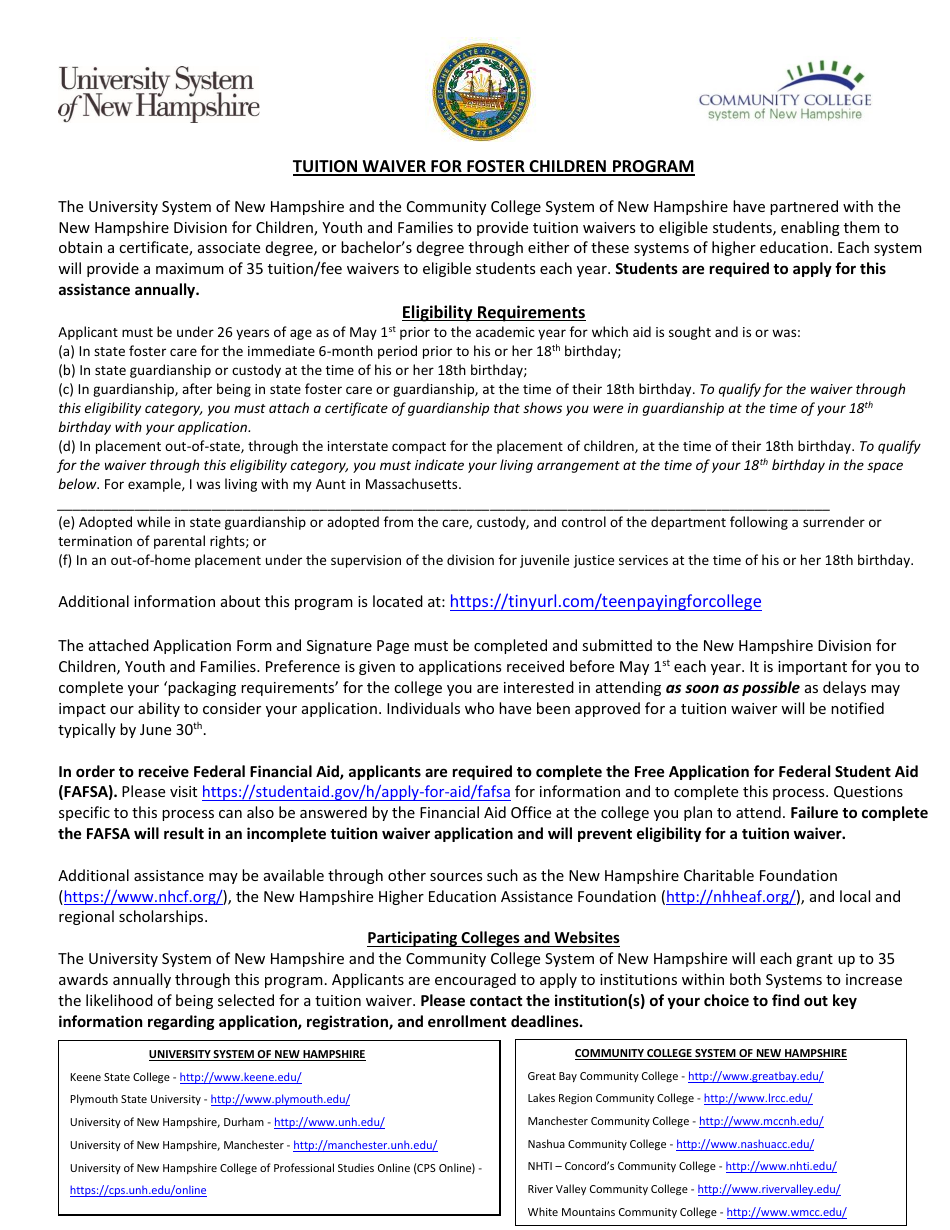 New Hampshire Application Form - Tuition Waiver for Foster Children ...