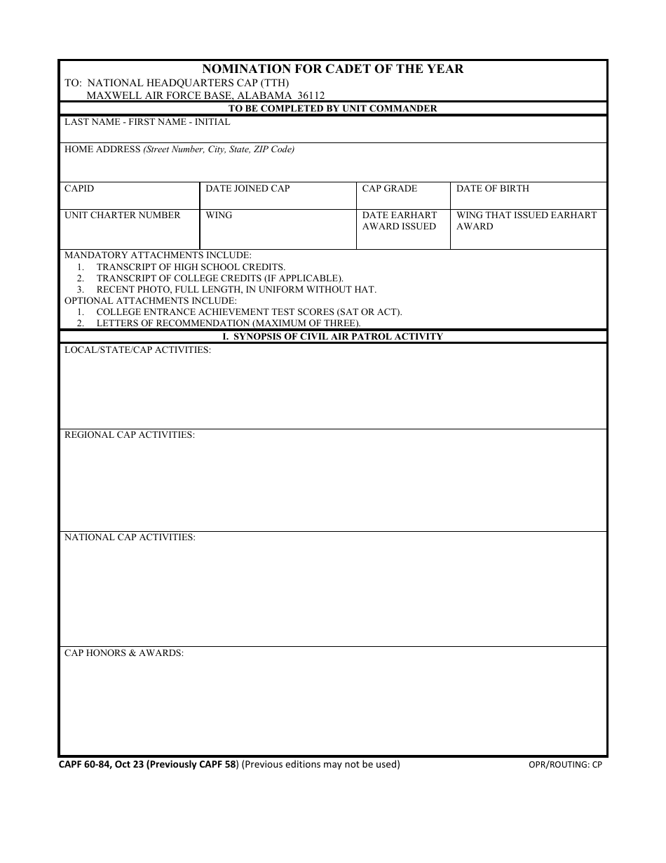 Form CAPF60-84 Download Fillable PDF or Fill Online Nomination for ...