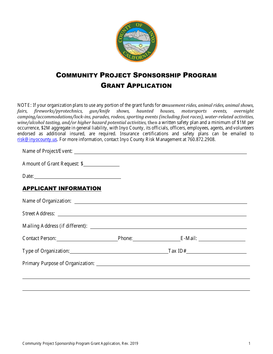 Inyo County, California Community Project Sponsorship Program Grant Application - Fill Out, Sign ...
