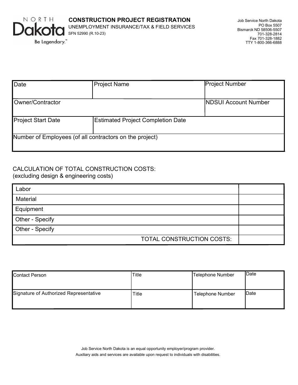 Form SFN52990 Download Fillable PDF or Fill Online Construction Project ...