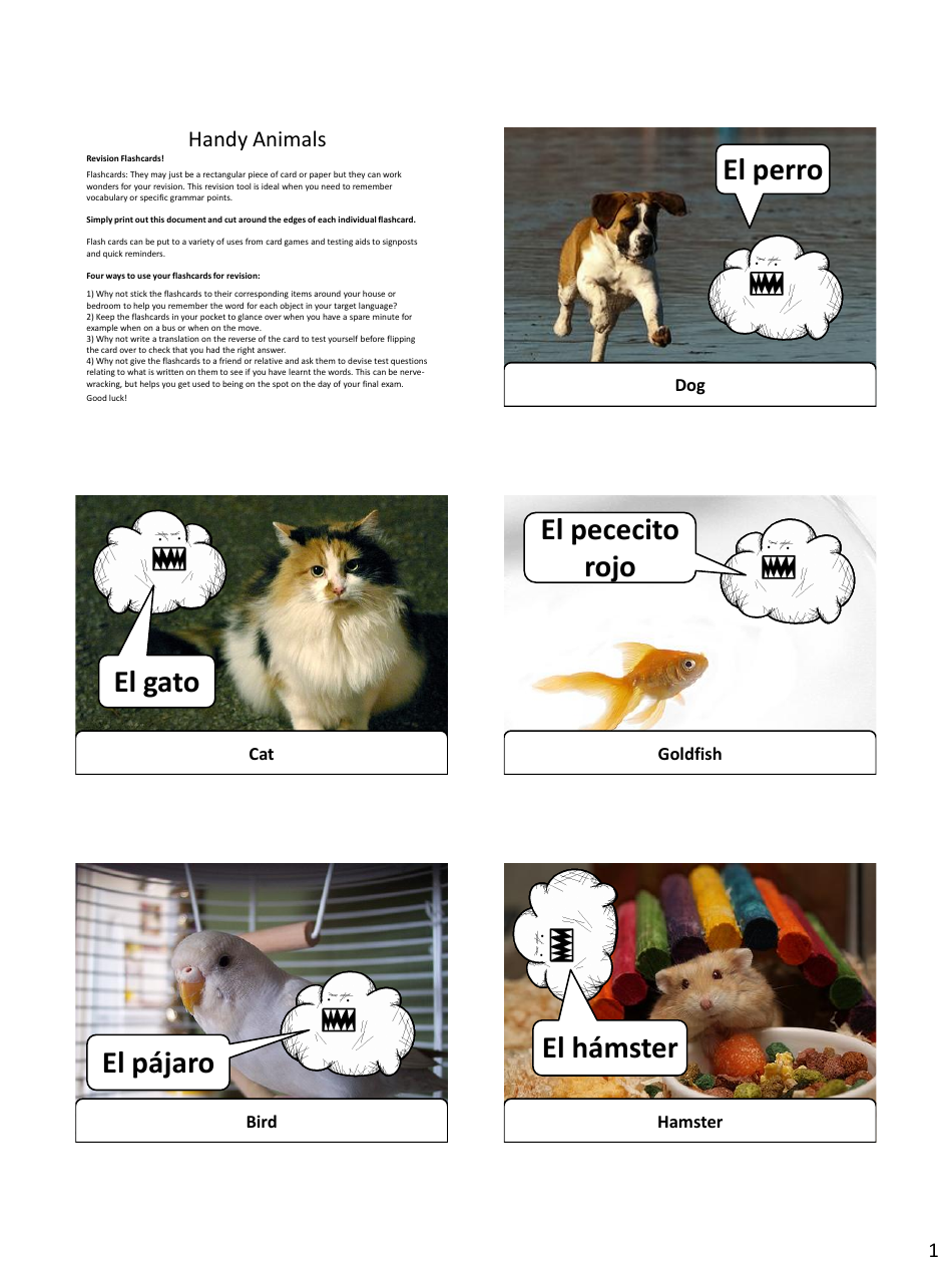Spanish Revision Flashcards - Animals Download Printable PDF ...