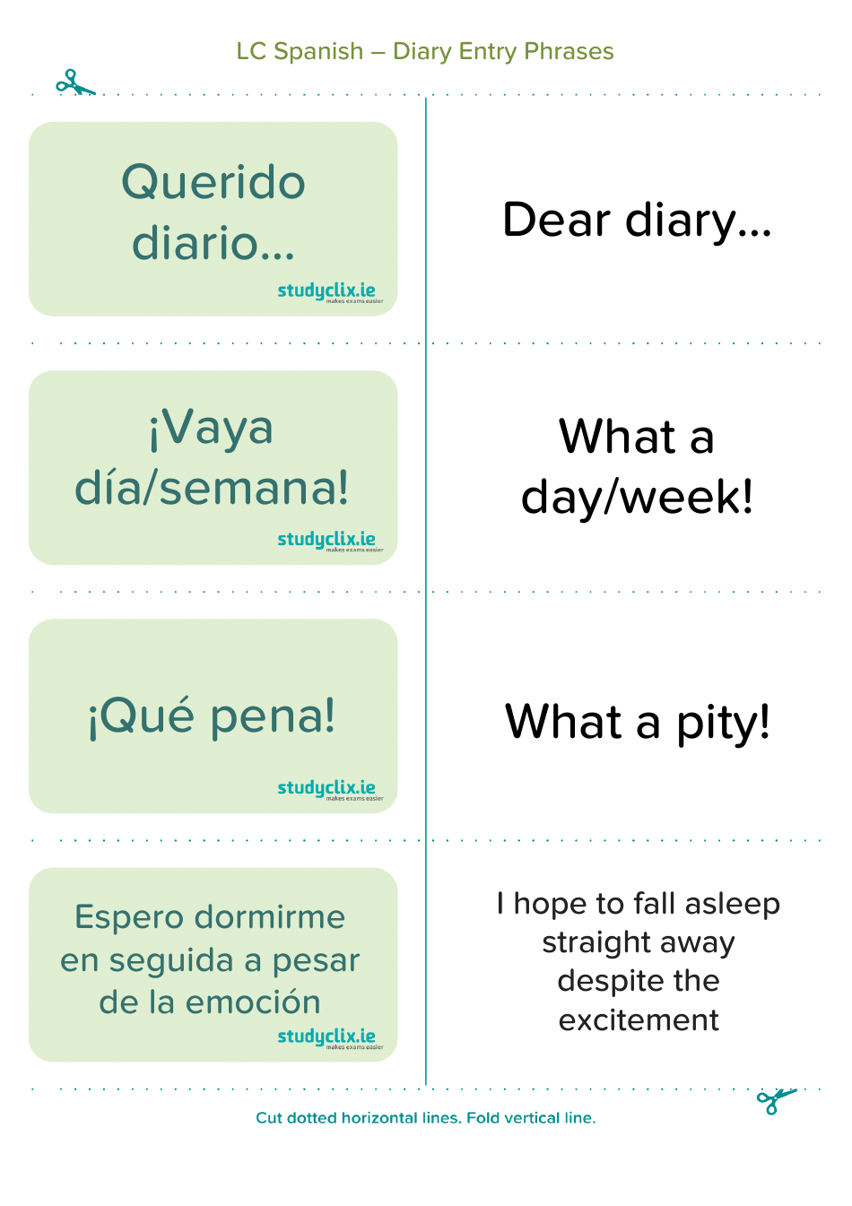 Spanish Flashcards - Diary Entry Phrases Download Printable PDF ...