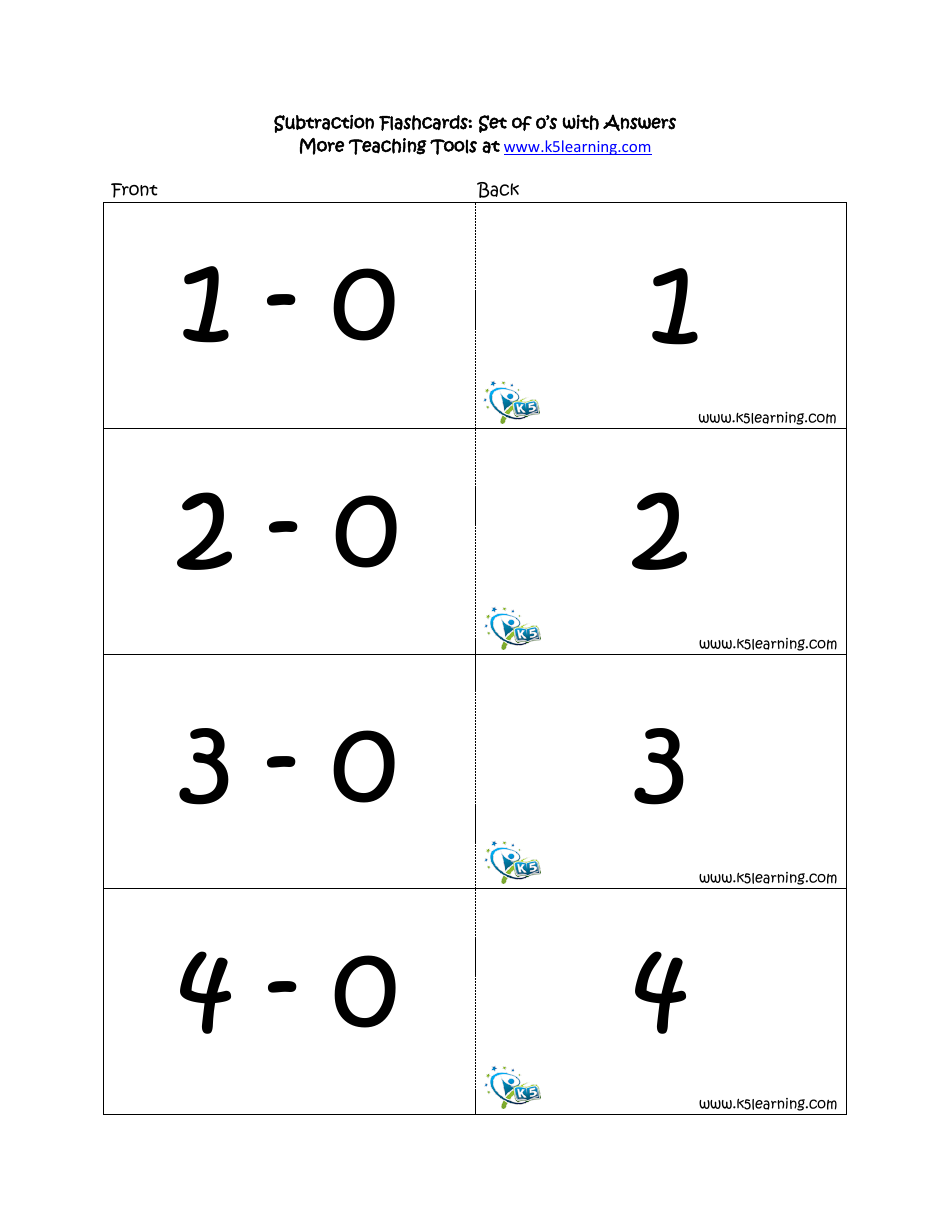 Subtraction Math Flashcards With Answers Download Printable PDF ...
