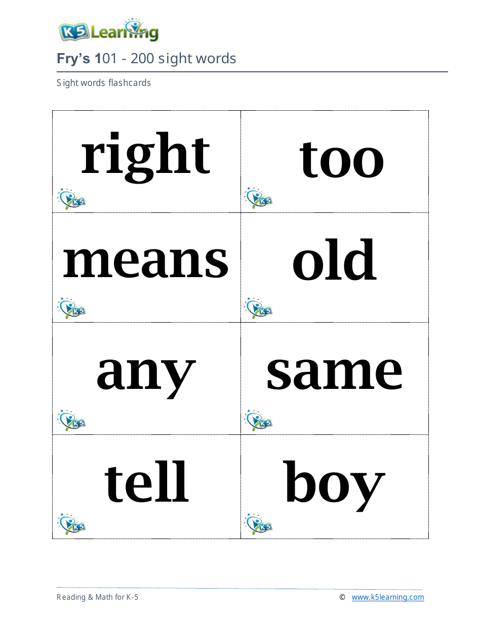 Fry's Sight Words Flashcards - 1-200 Download Printable PDF ...