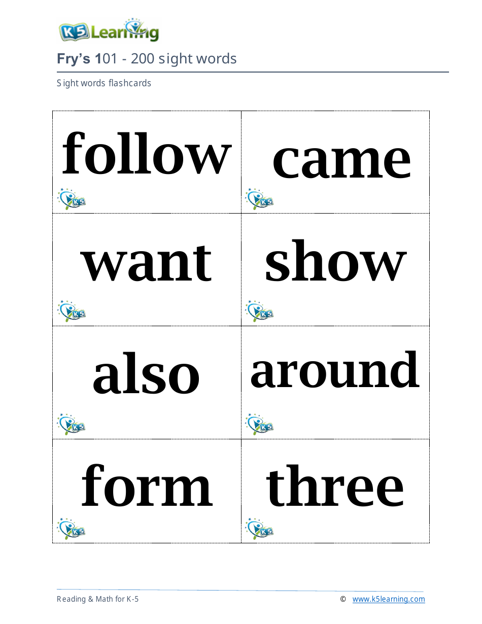 Fry's Sight Words Flashcards - 1-200 Download Printable PDF ...