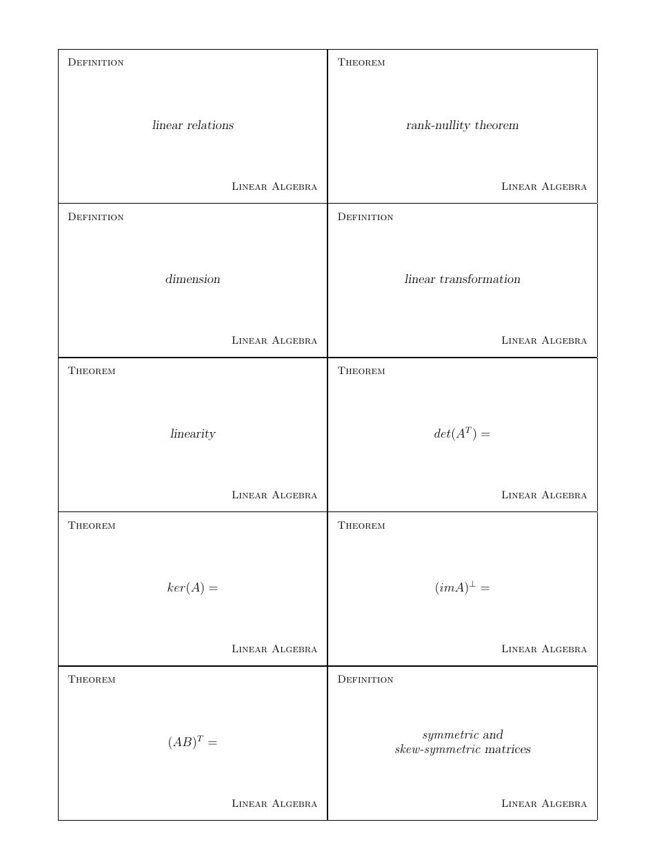 Linear Algebra Flashcards Download Printable PDF | Templateroller