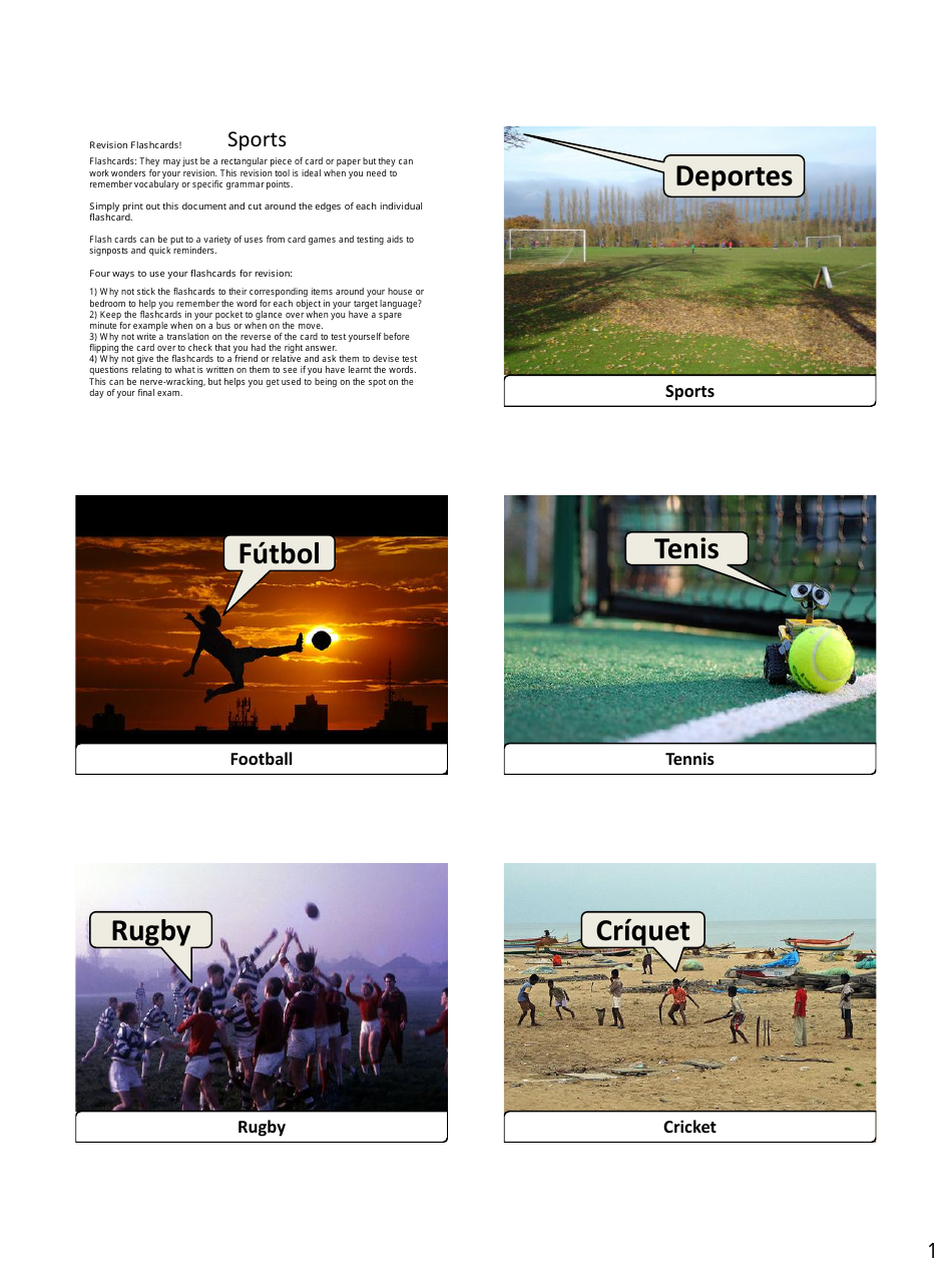Spanish Revision Flashcards - Sports Download Printable PDF ...