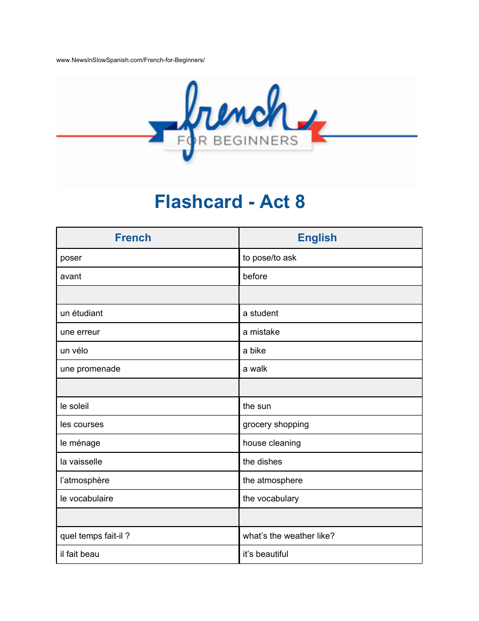 French Flashcard - Act 8 Download Printable PDF | Templateroller