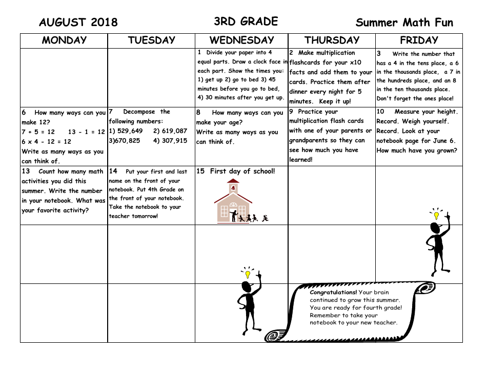 3rd Grade Summer Math Fun Calendar Download Printable PDF | Templateroller