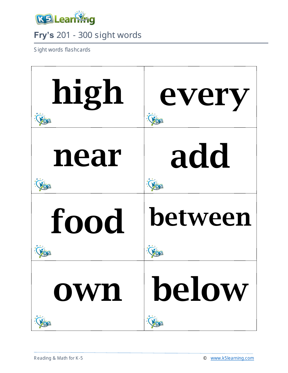 201-400 Fry Sight Words Flashcards - K-5 Learning Download Printable ...