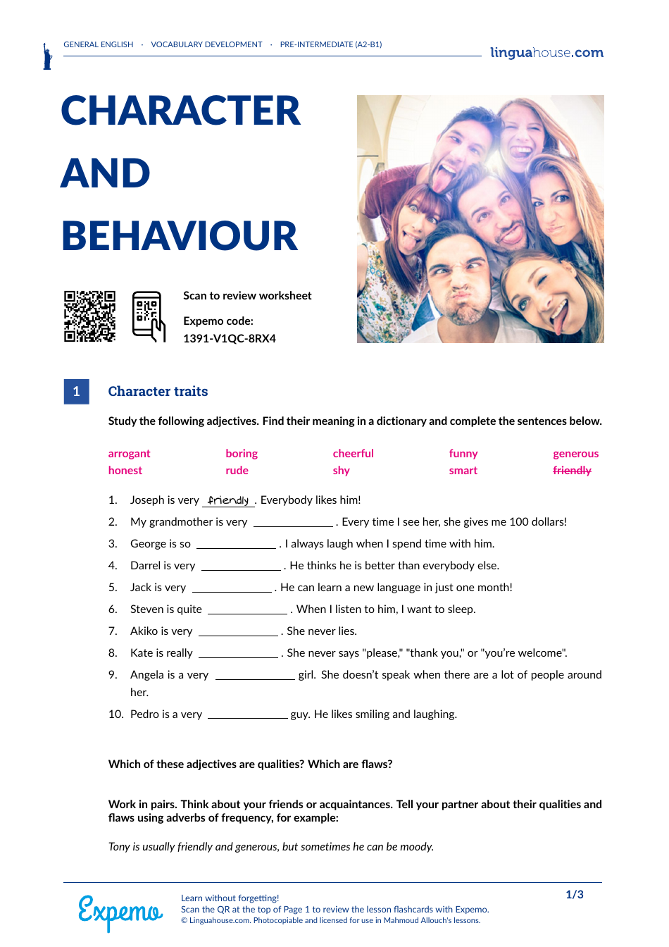 Pre-intermediate English Worksheet: Character and Behaviour ...