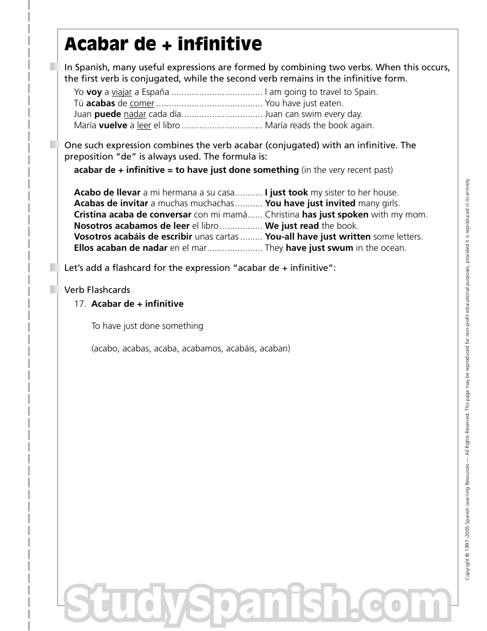 Spanish Flashcard - Acabar De + Infinitive Download Printable PDF ...