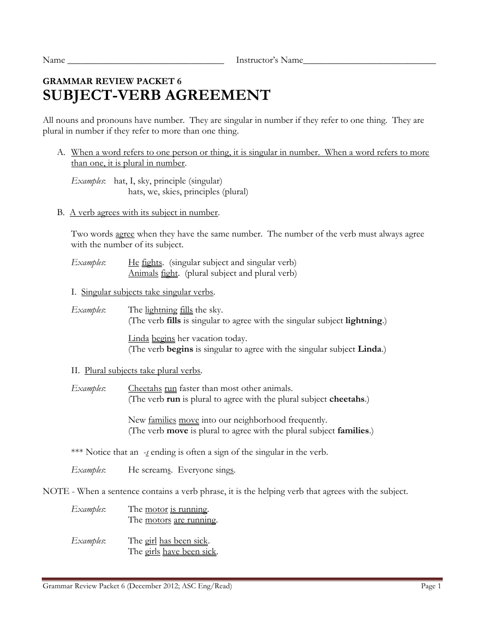 English Grammar Worksheet - Subject-Verb Agreement - Fill Out, Sign ...