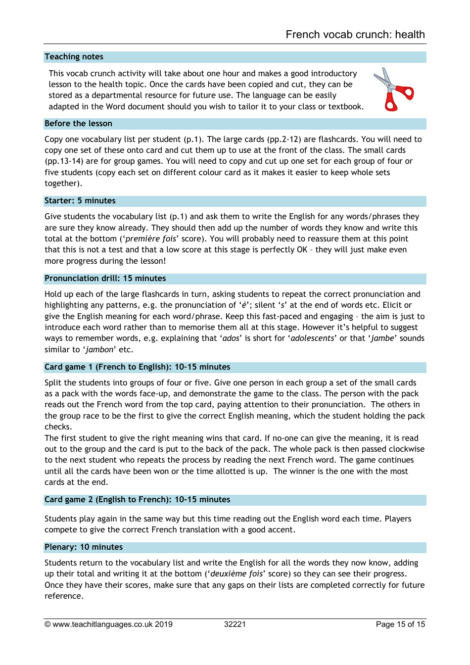 French Vocab Crunch Flashcards - Health Download Printable PDF (English ...