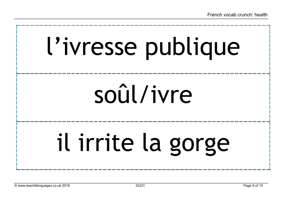 French Vocab Crunch Flashcards - Health Download Printable PDF (English ...
