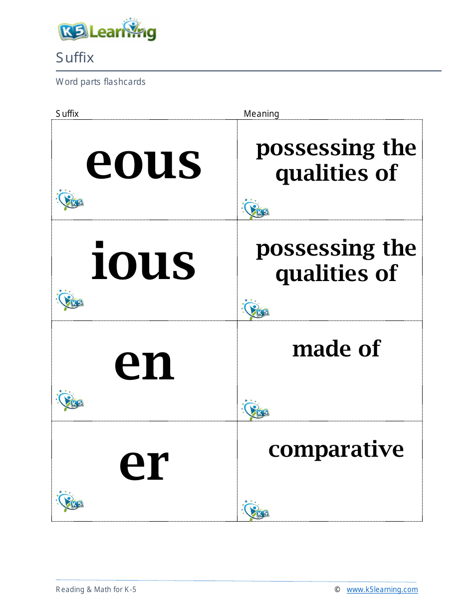 Word Parts Flashcards - Suffix Download Printable PDF | Templateroller