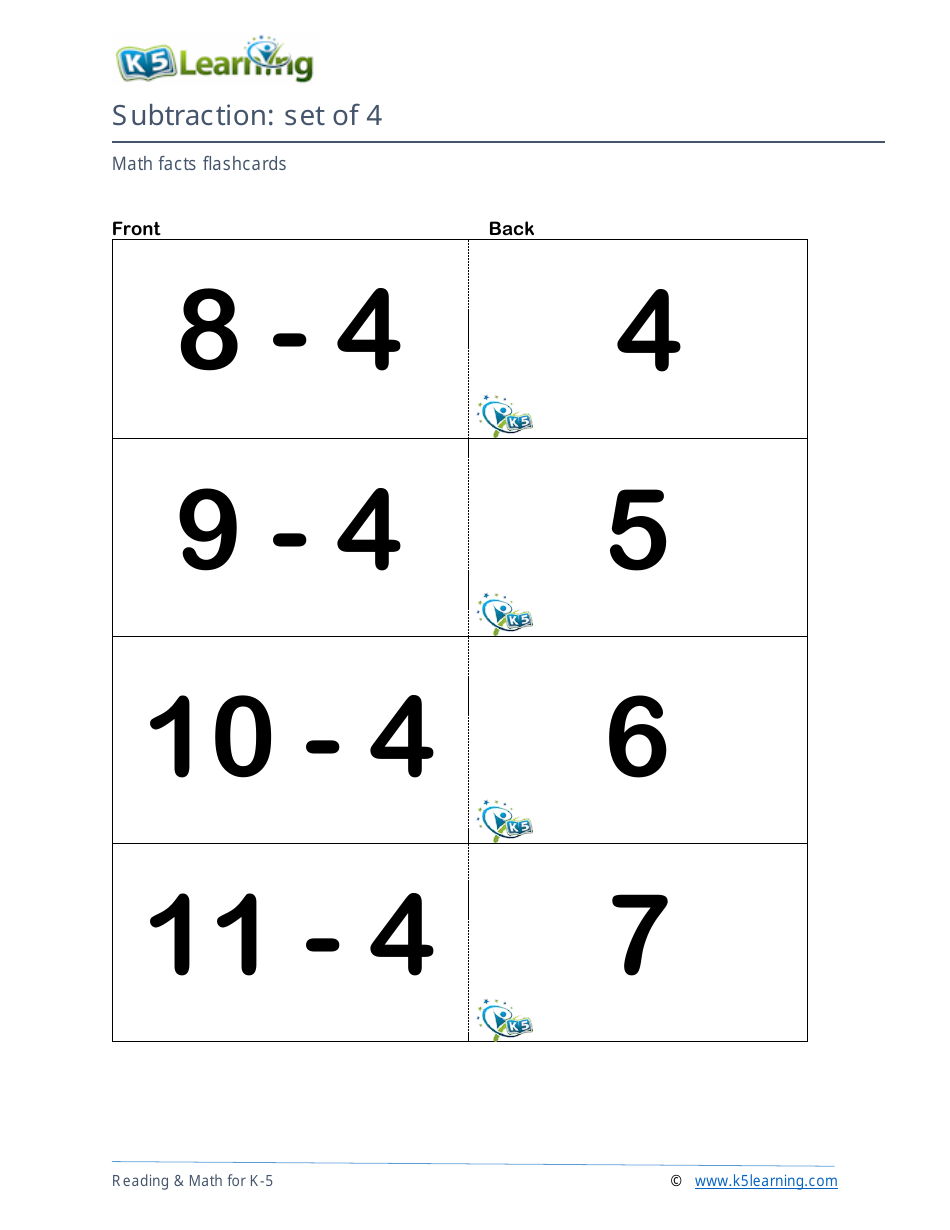 Math Facts Flashcards - Subtraction - Set of 4 Download Printable PDF ...