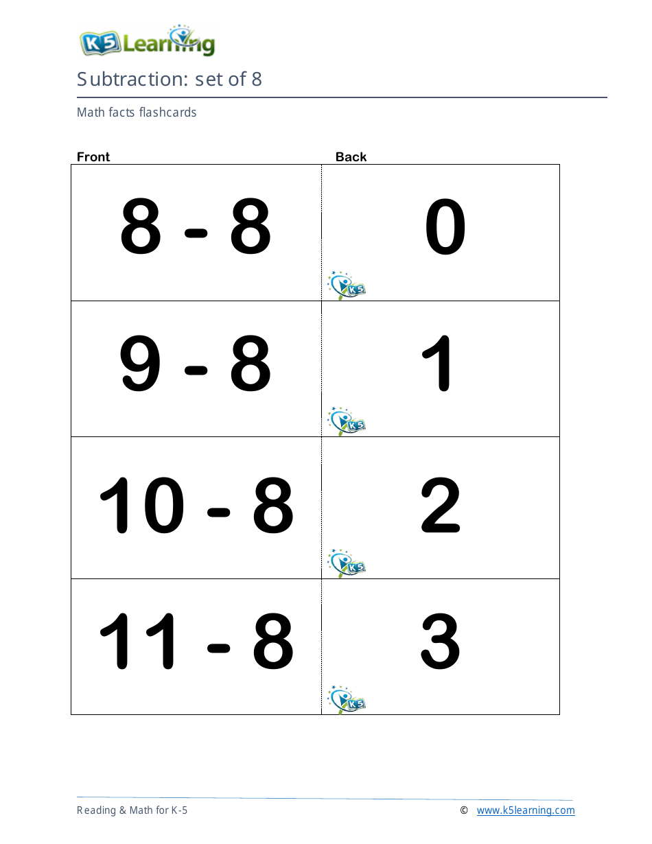 Math Facts Flashcards - Subtraction - Set of 8, 9 Download Printable ...