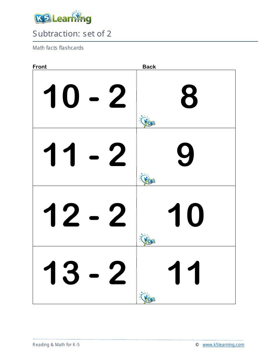 Math Facts Flashcards - Subtraction - Set of 2, 3 Download Printable ...