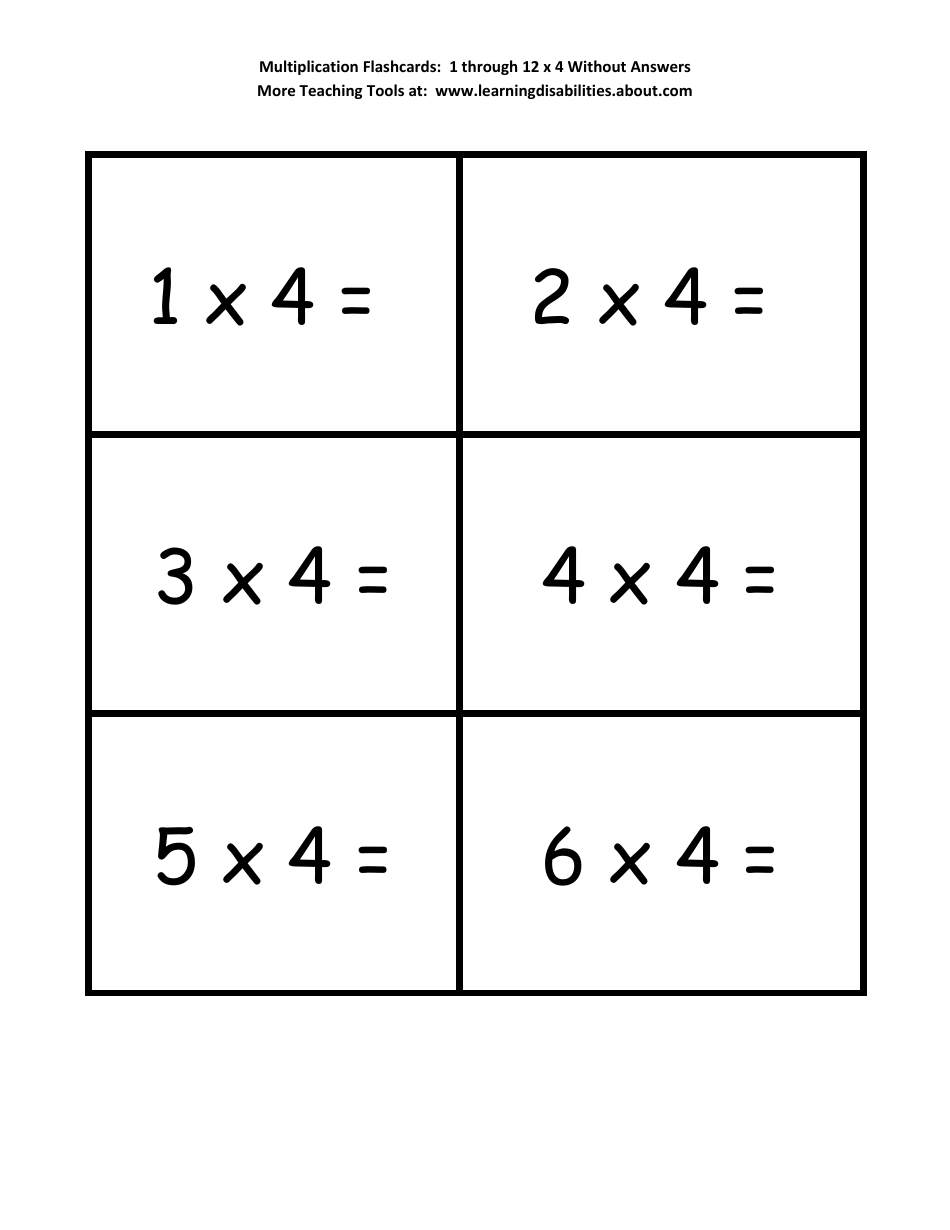Multiplication Flashcards - 1 Through 12 X 4 Download Printable PDF ...