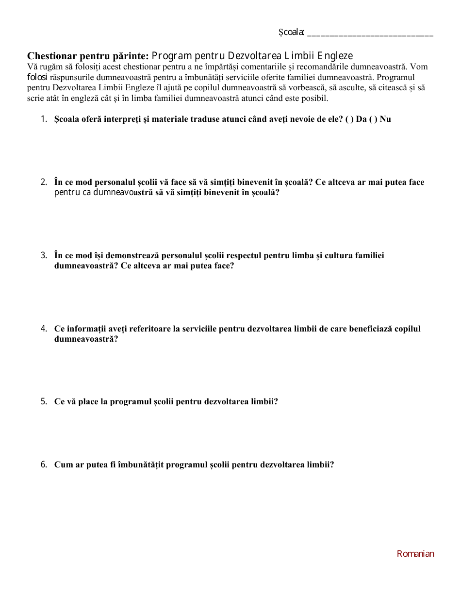Washington Parent Survey English Language Development Program