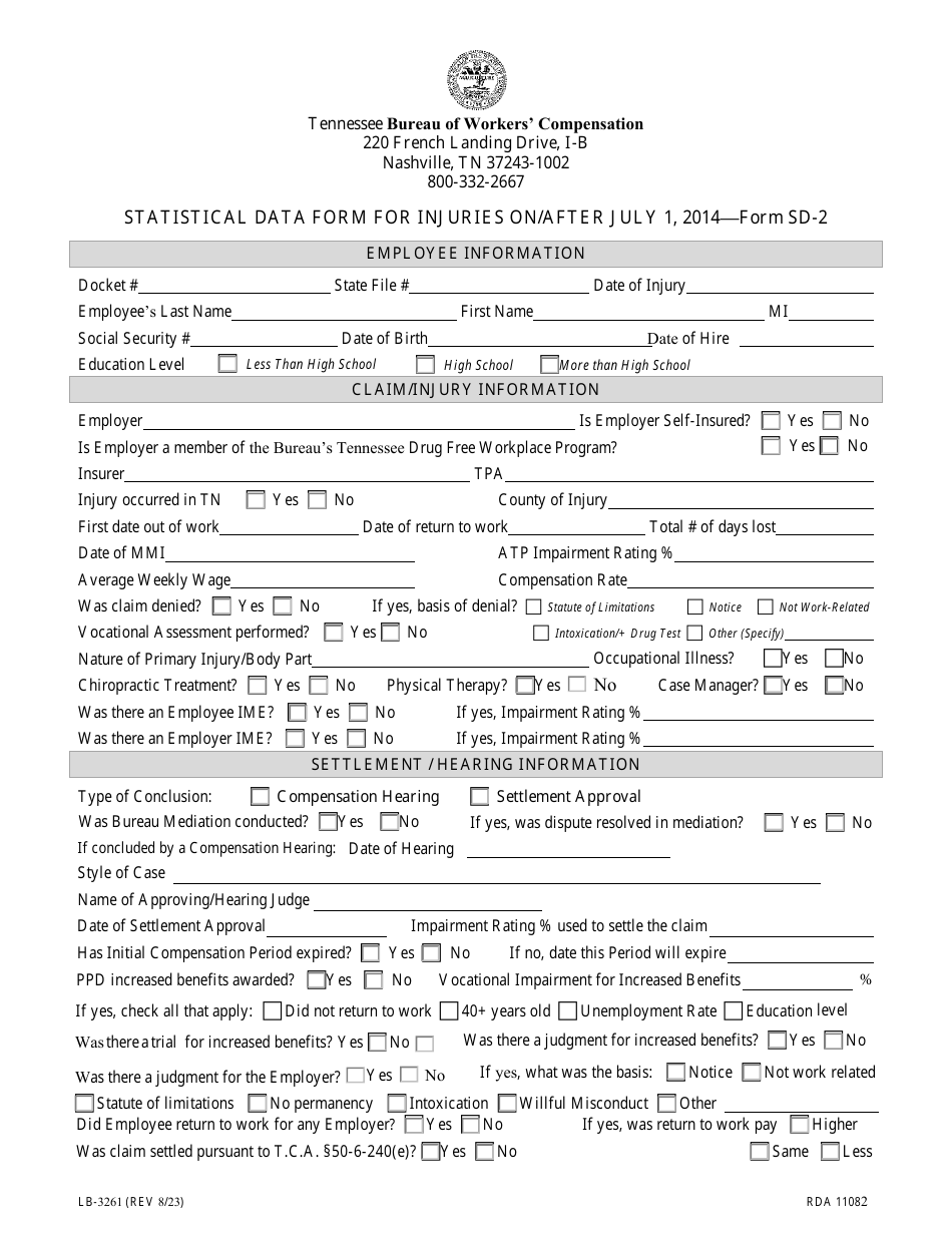 Form SD-2 (LB-3261) Download Fillable PDF or Fill Online Statistical Data Form for Injuries on ...