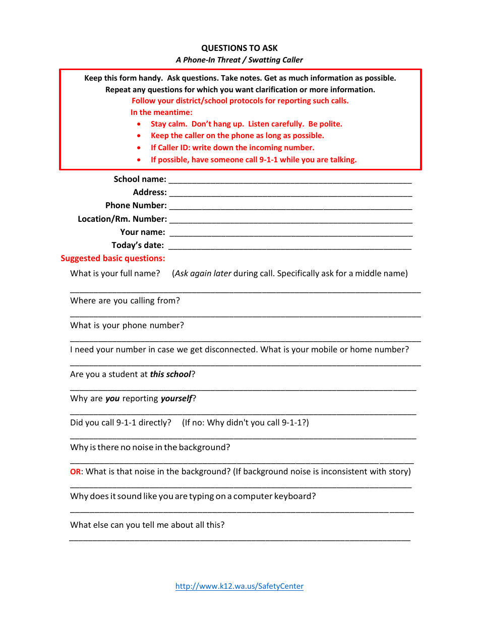 Washington Questions to Ask - a Phone-In Threat - Fill Out, Sign Online ...