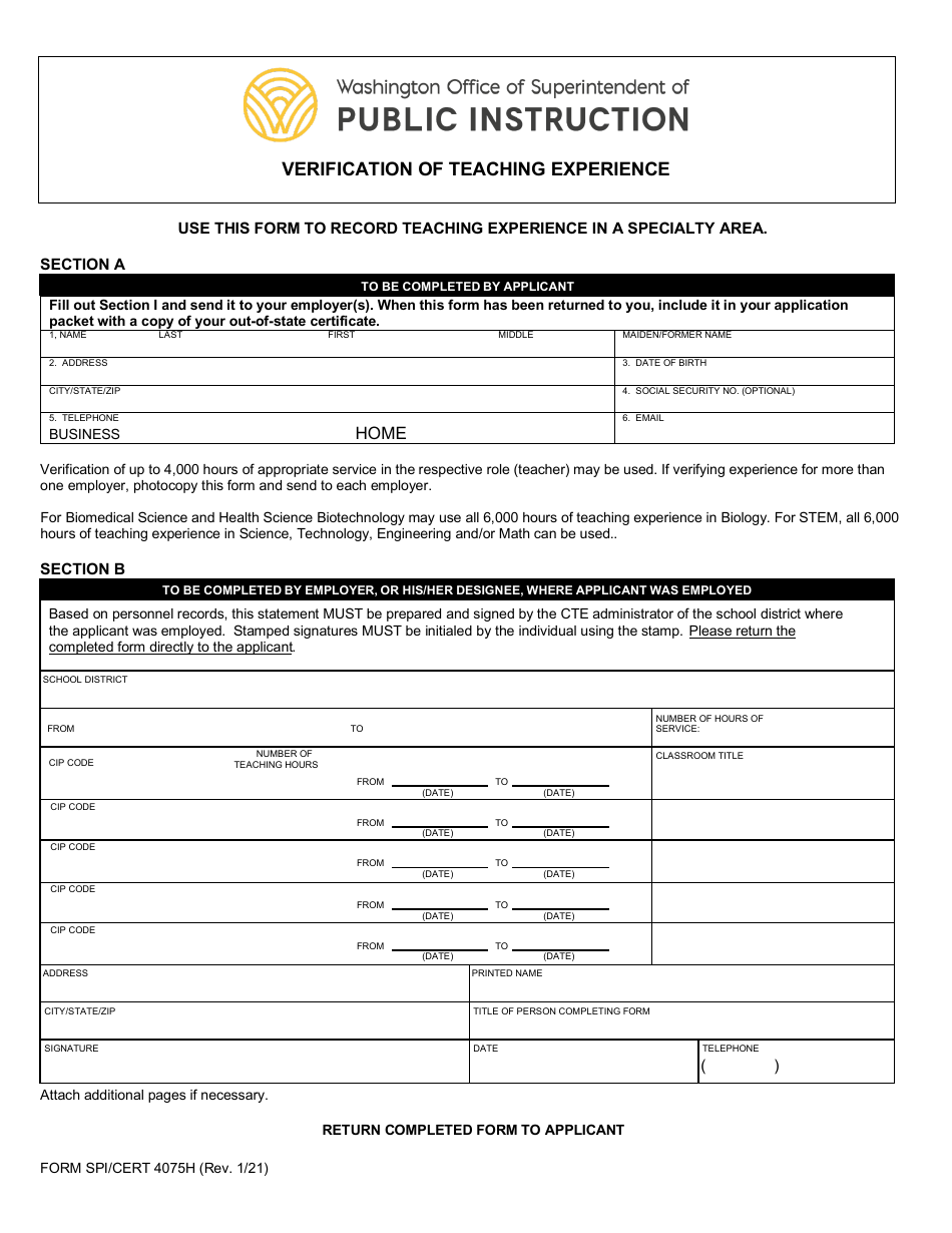 Form SPI/CERT4075H Download Fillable PDF or Fill Online Verification of ...